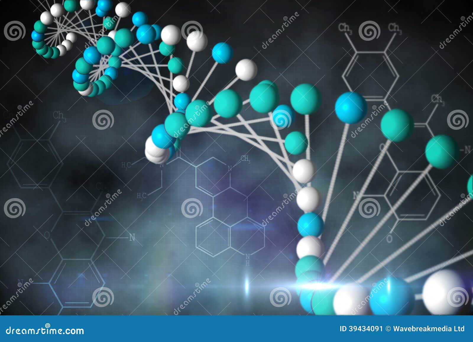 Blue DNA Strand with Chemical Structures Stock Illustration ...