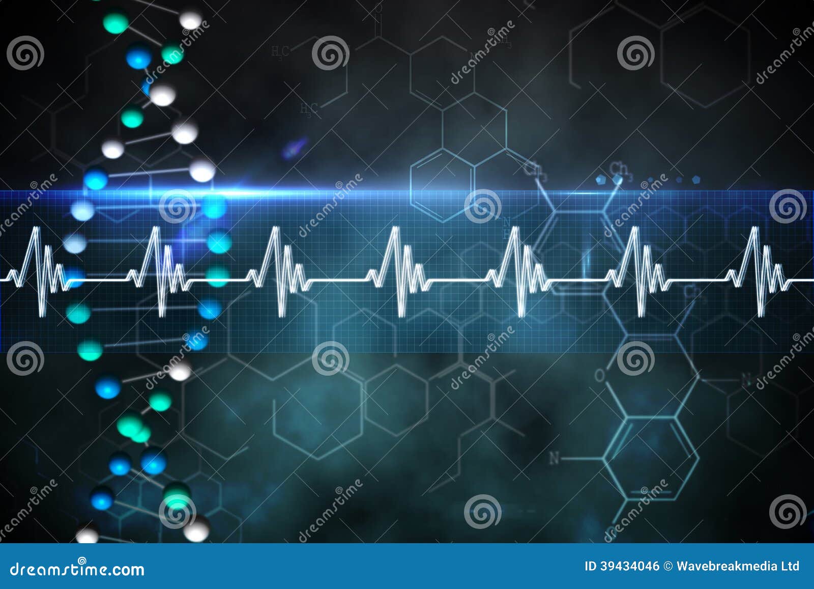 Blue DNA Strand with ECG Line Stock Illustration - Illustration of line ...