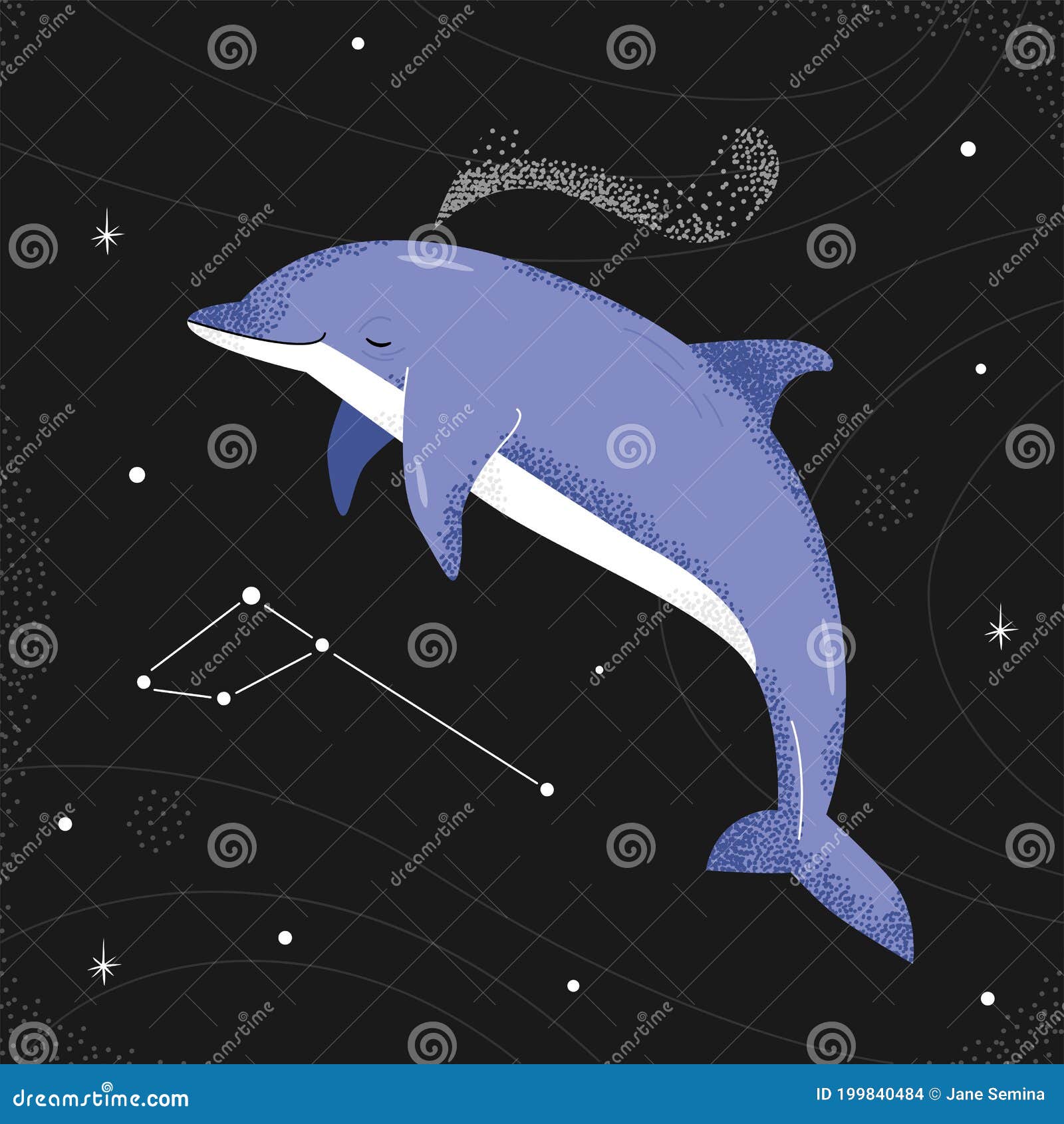 Blue Dolphin Flying in the Night Starry Sky. Delphinus Constellation ...