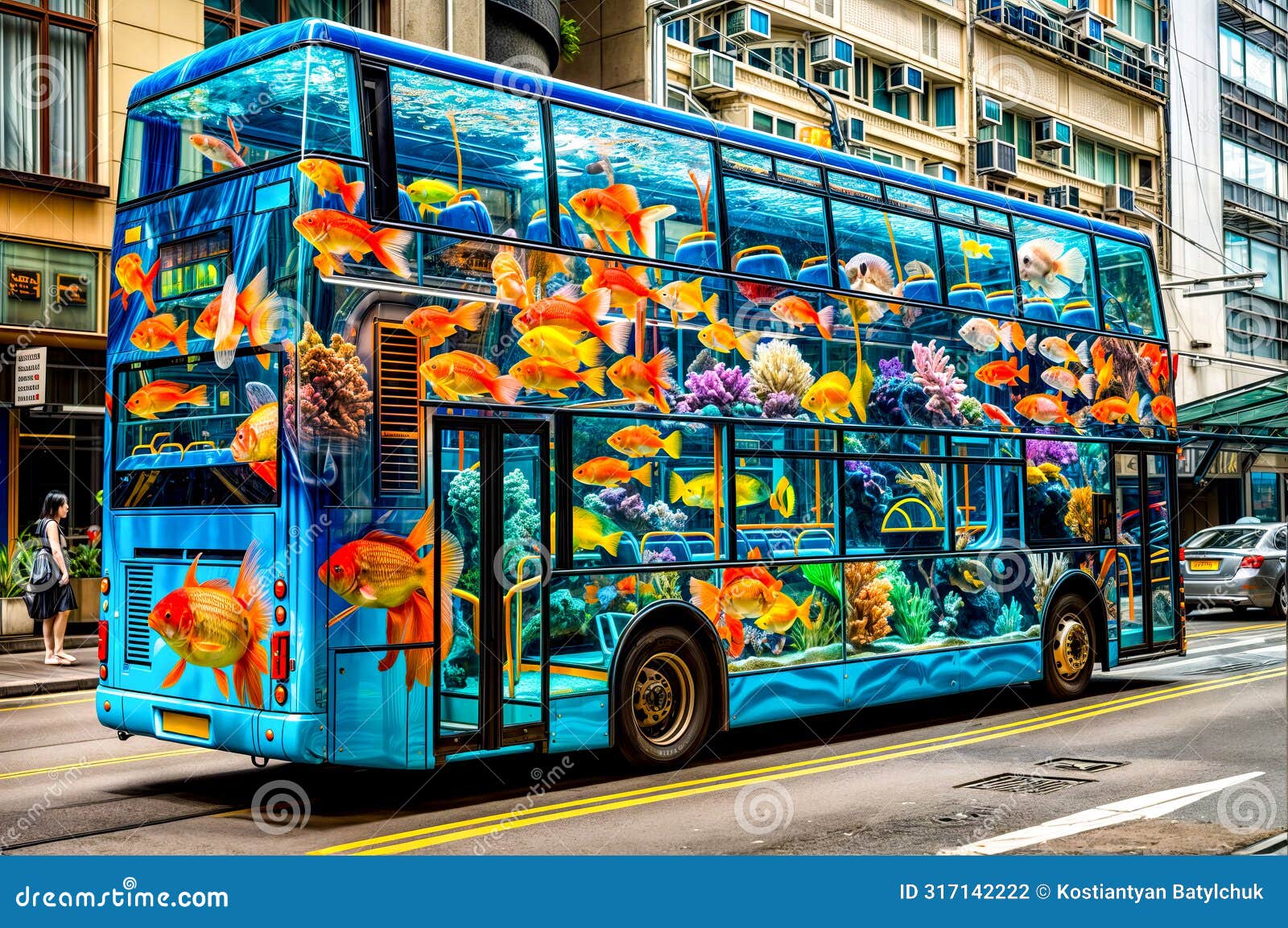 Blue Double Decker Bus with Fish Painted on the Side of the Bus. AI ...