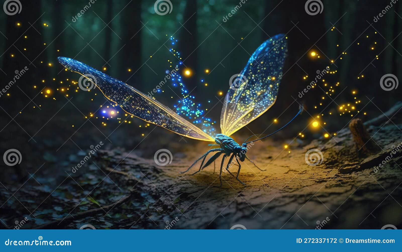 A Blue Dragon Flys through a Forest Filled with Fireflies Stock ...