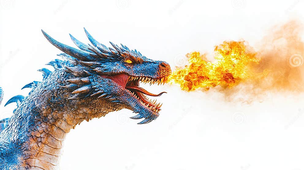 Blue Dragon Head Breathing Fire, Isolated on White Stock Illustration ...