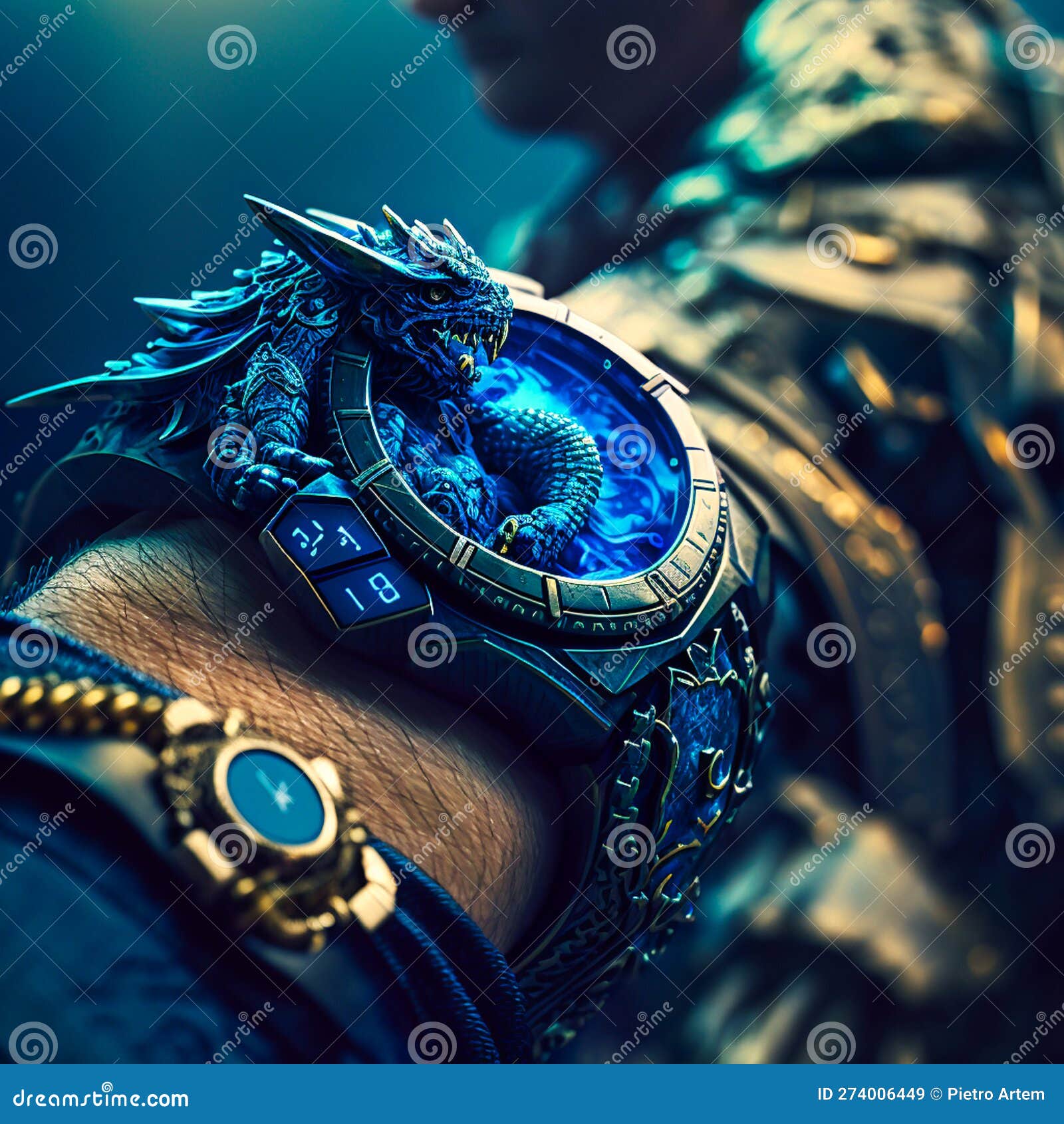 Blue Dragon Looking at a Smart Watch on the Wrist, Generative AI Stock ...