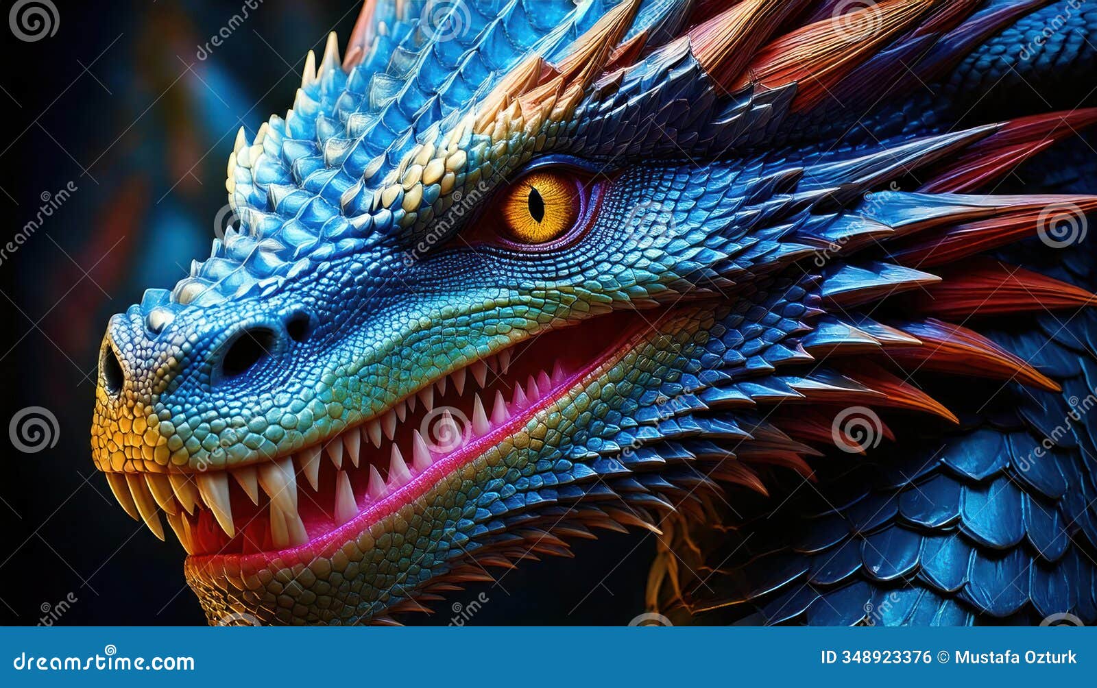 A Blue Dragon S Face with Sharp Teeth and Piercing Eyes. Stock ...