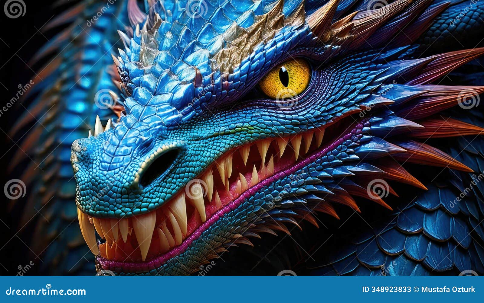 A Blue Dragon S Face with Sharp Teeth and Piercing Eyes. Stock ...