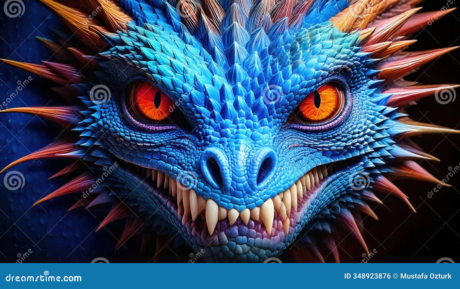 A Blue Dragon S Face with Sharp Teeth and Piercing Eyes. Stock ...