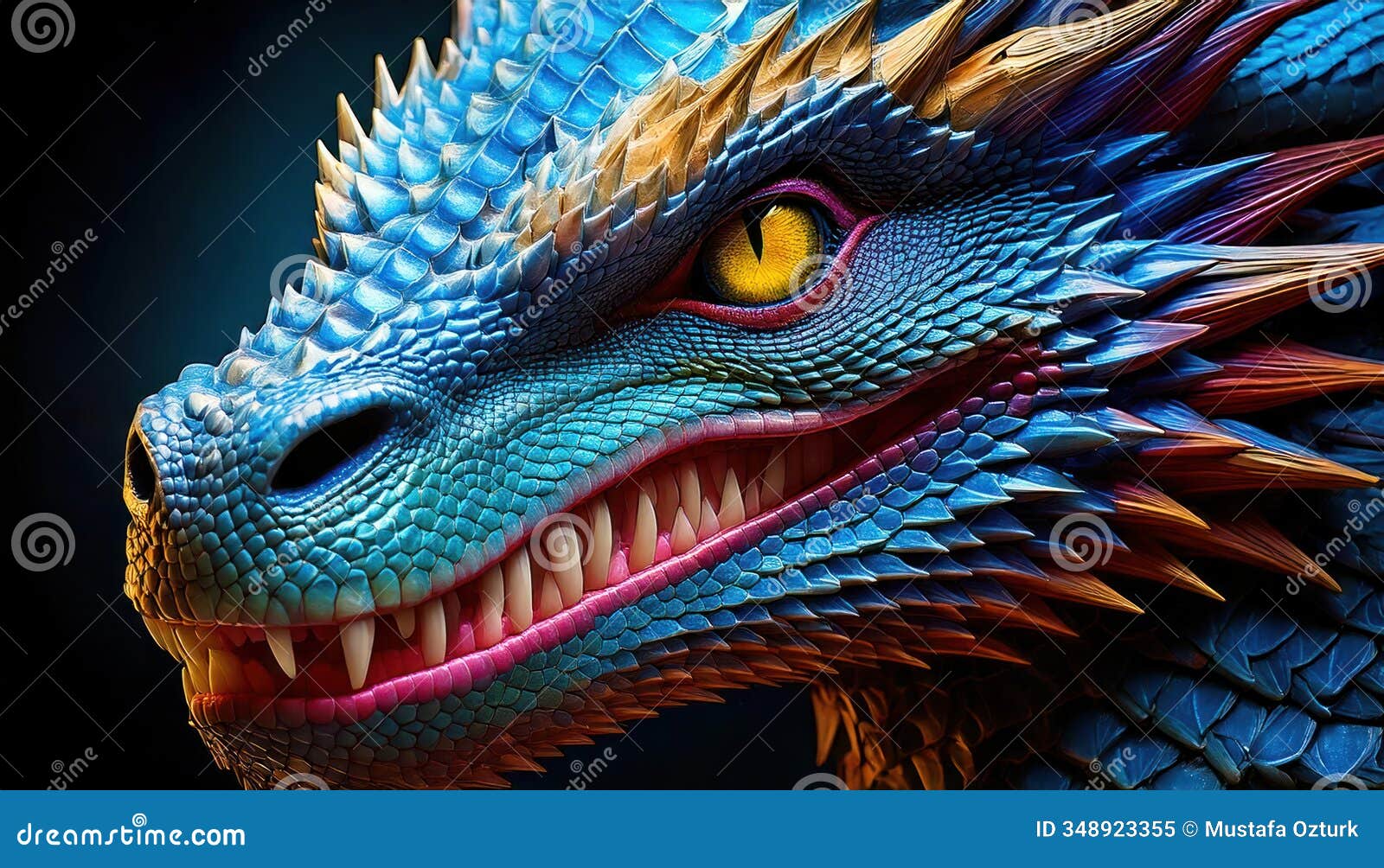A Blue Dragon S Face with Sharp Teeth and Piercing Eyes. Stock ...