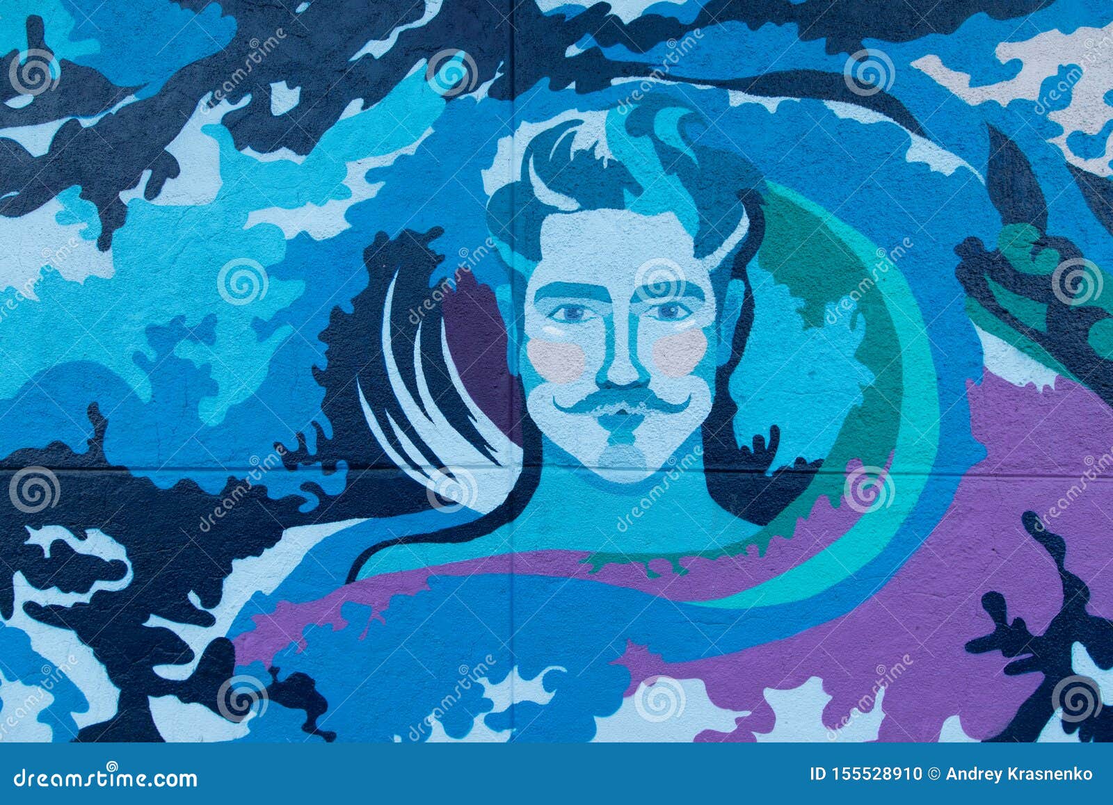 Blue-blue Drawing on the Wall a Man with a Mustache Art Editorial Image ...