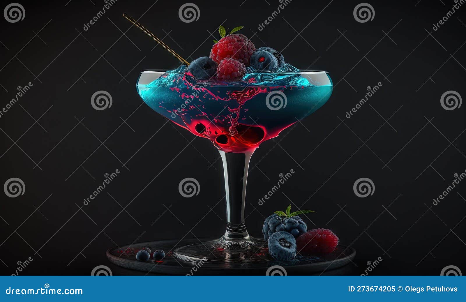 A Blue Drink with Raspberries and Blue Liquid in a Glass Stock ...