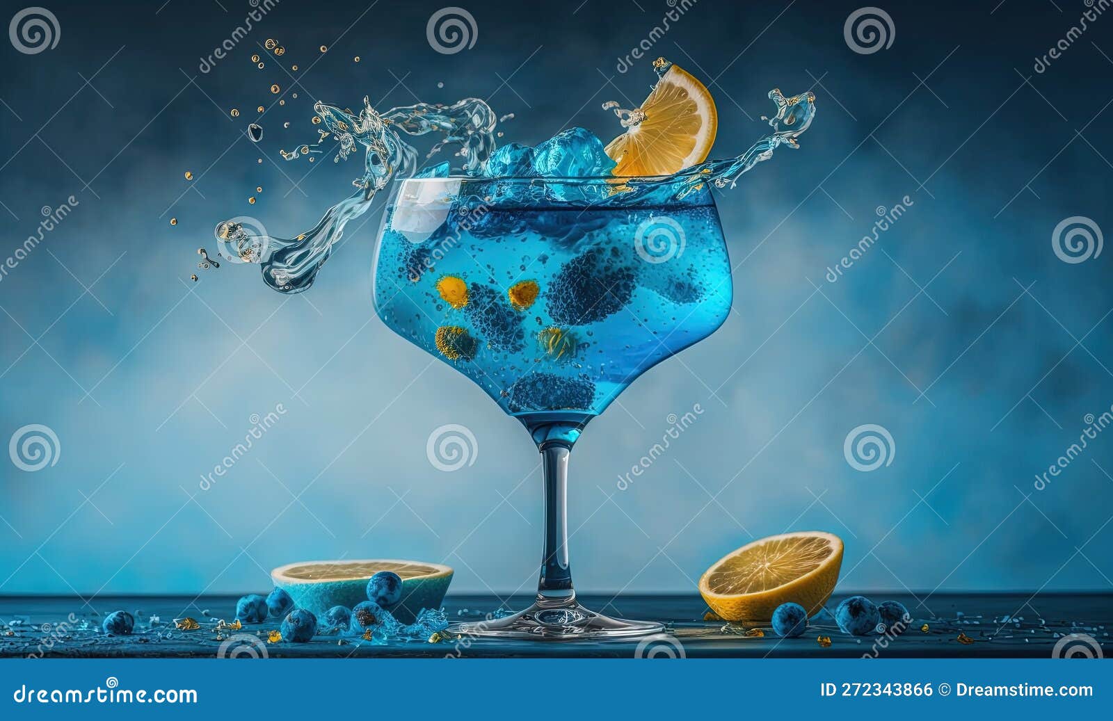 A Blue Drink with a Splash of Water and Lemon Slices Stock Illustration ...