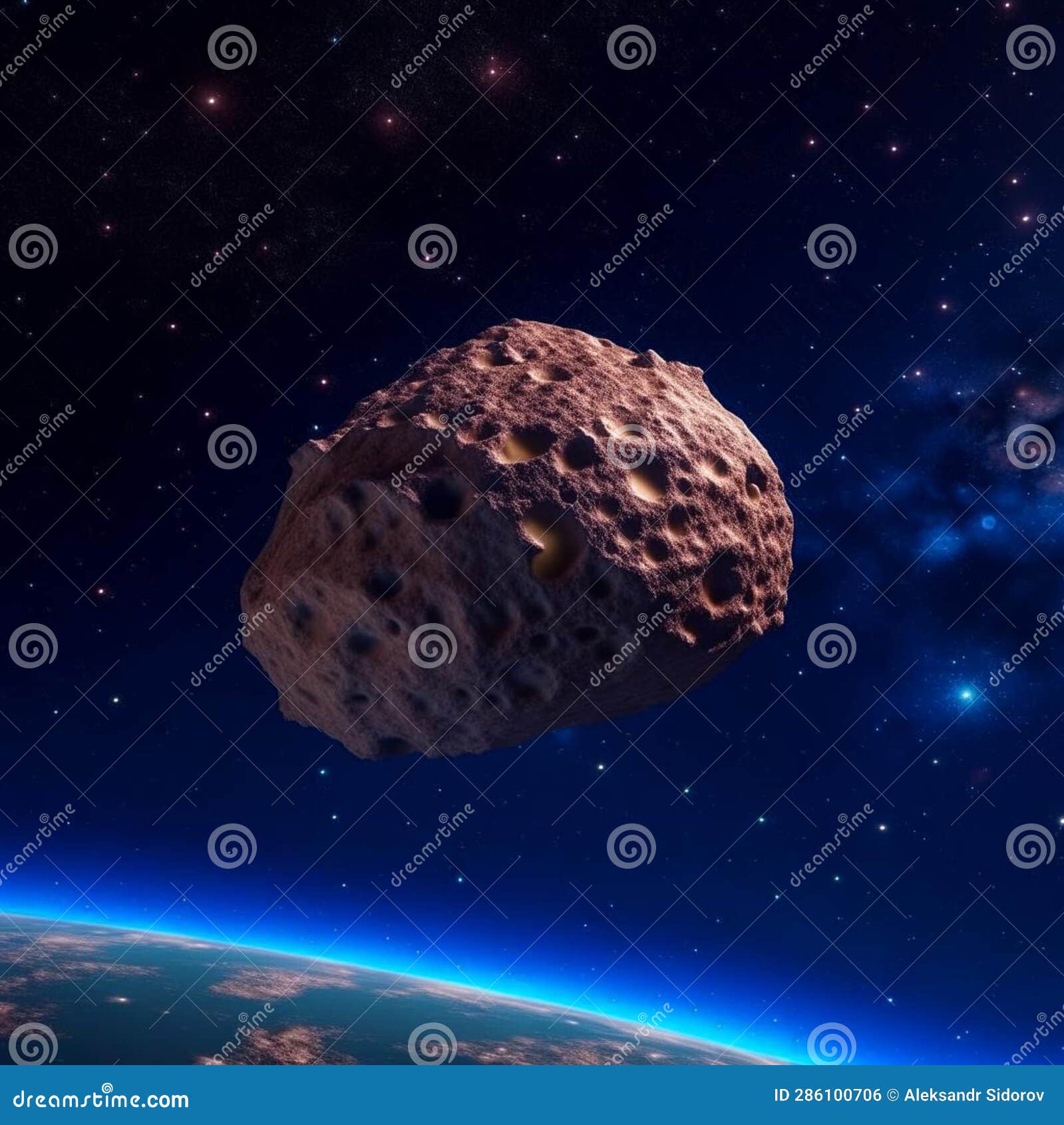 Blue Earth and an Asteroid. Dark Background. Asteroid in Outer Space ...