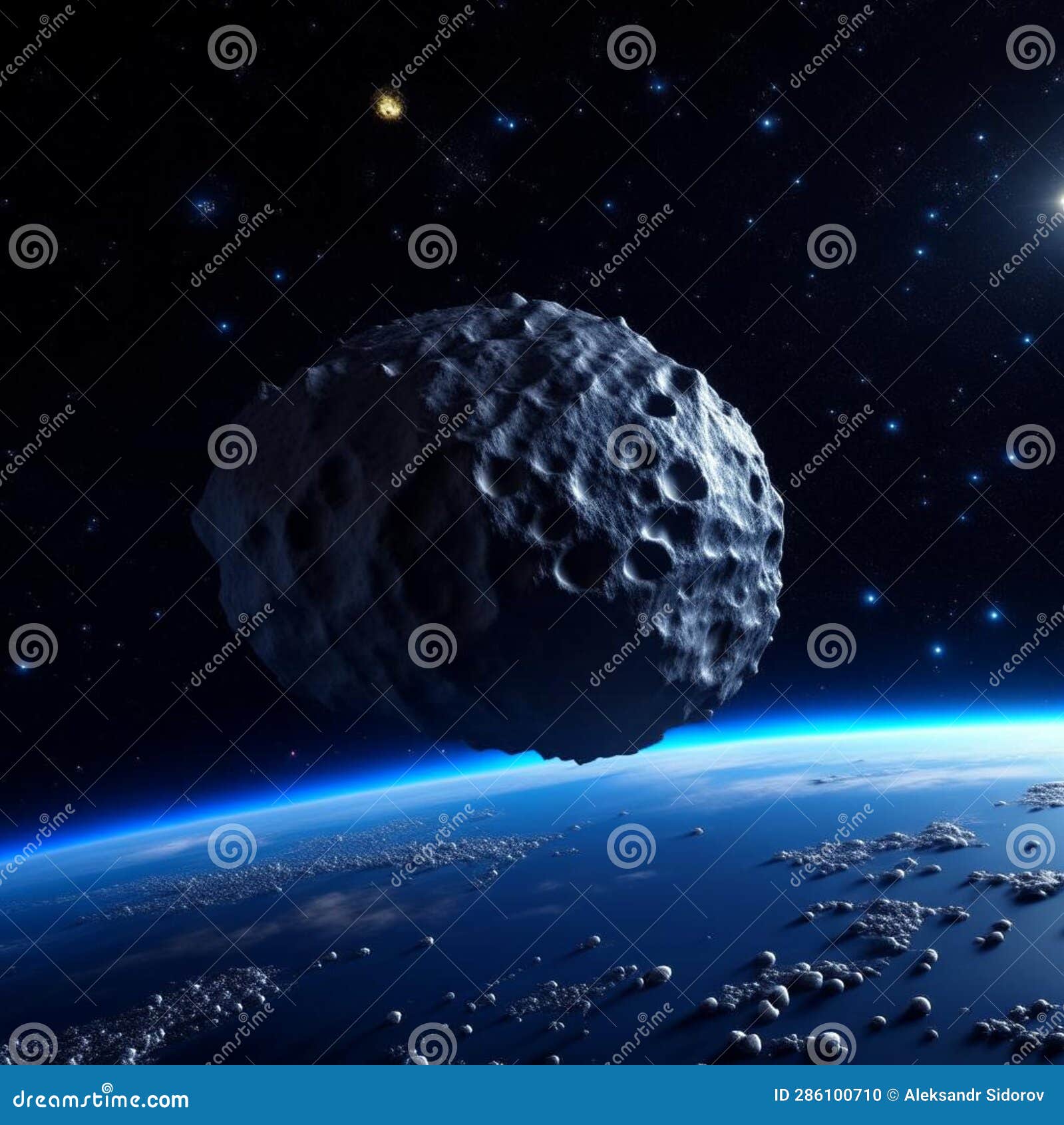 Blue Earth and an Asteroid. Dark Background. Asteroid in Outer Space ...