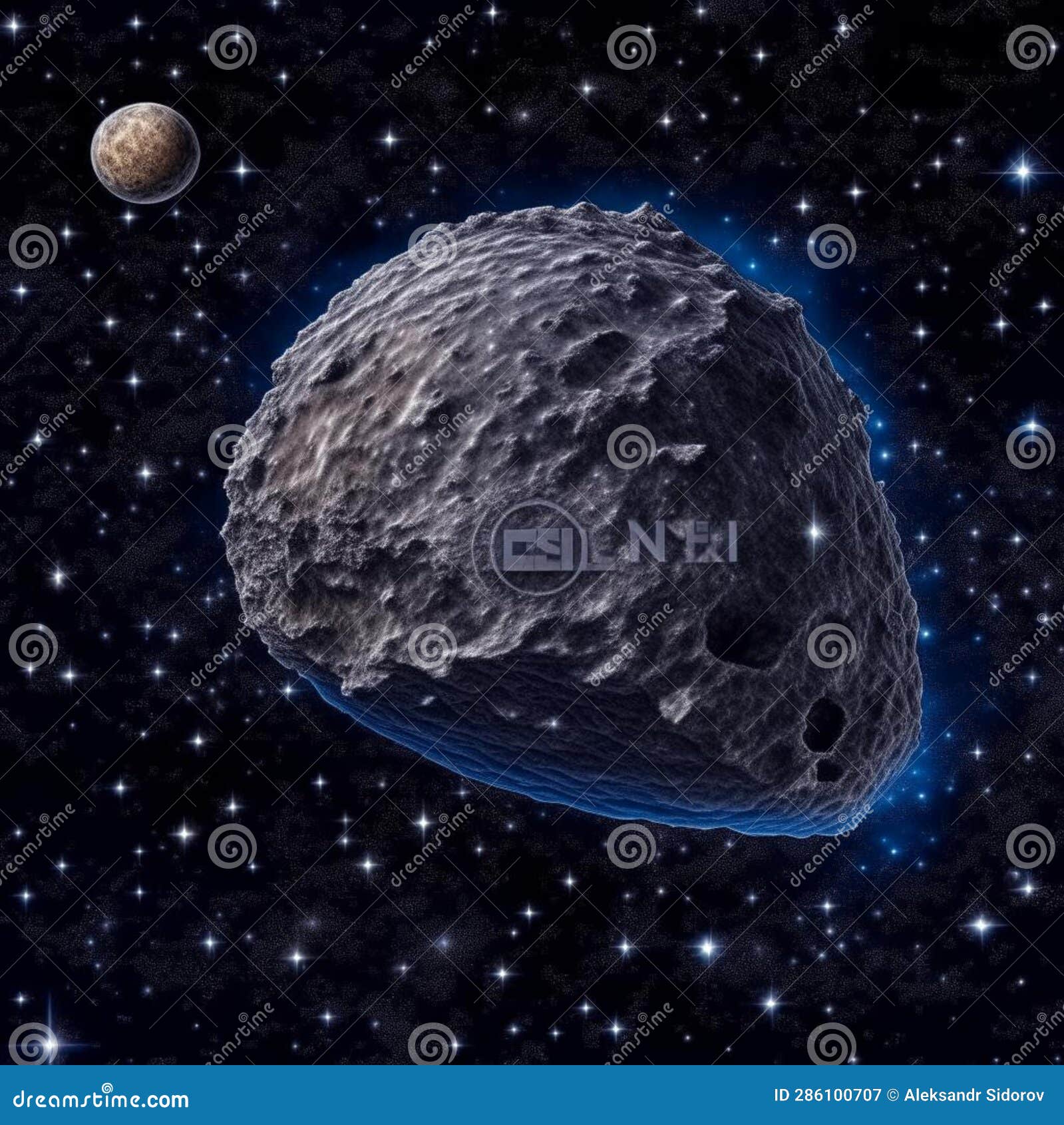 Blue Earth and an Asteroid. Dark Background. Asteroid in Outer Space ...