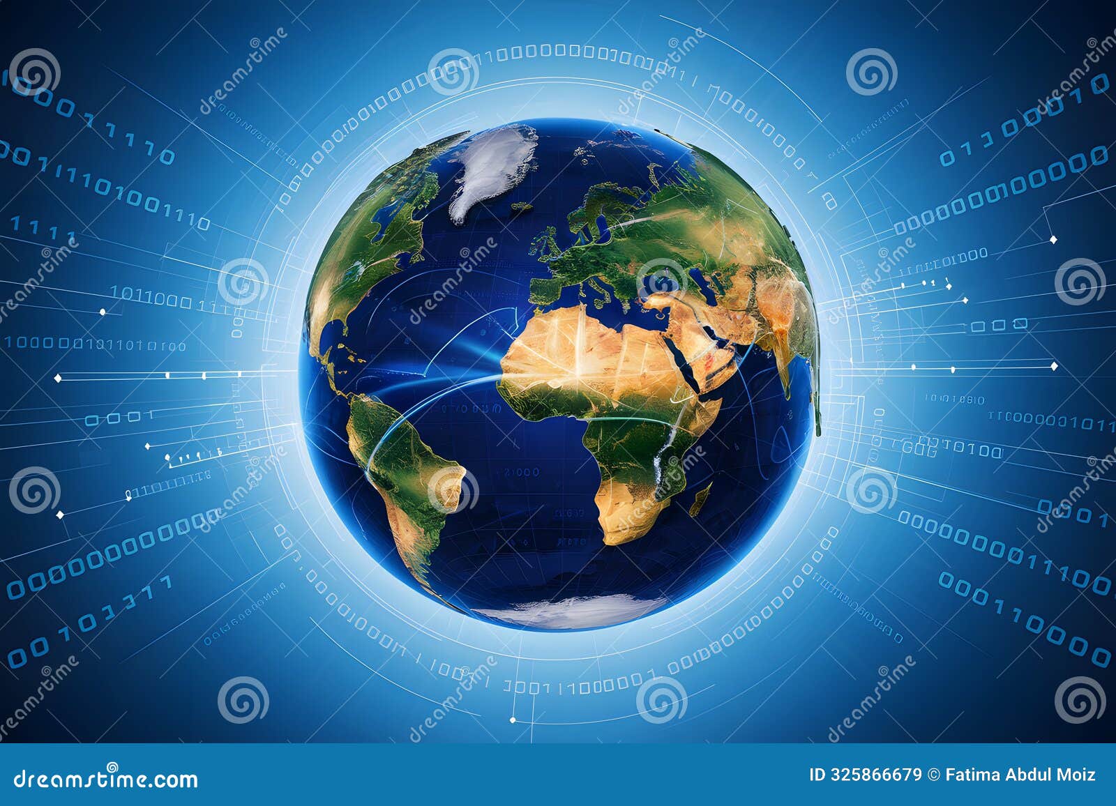 Blue Earth with Binary Codes, Light Blue Gradient Background, Emphasizing Digitalization Stock ...