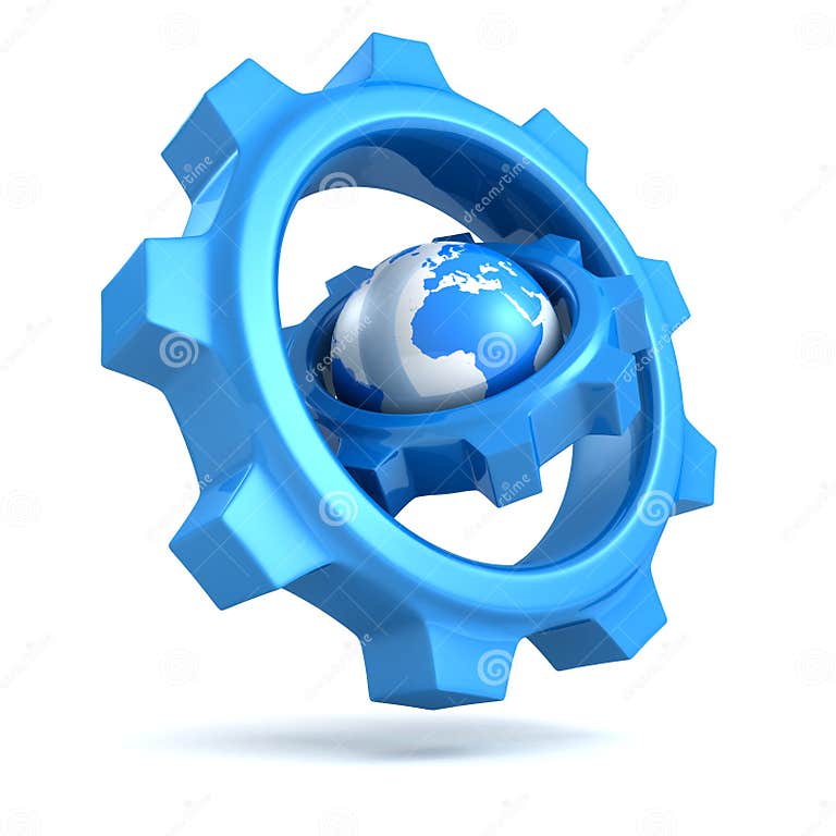 Blue Earth Globe with Big Gears Around Stock Illustration ...