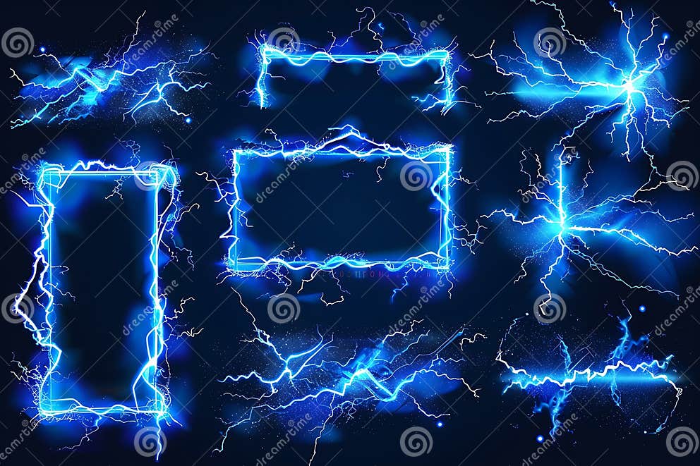 Blue Electric Borders of Rectangular and Square Shapes, Lightning ...