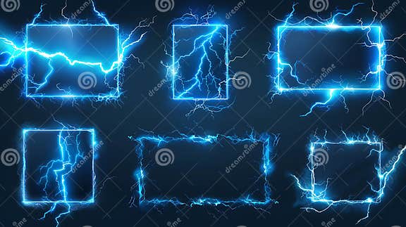 Blue Electric Borders of Rectangular and Square Shapes, Lightning ...