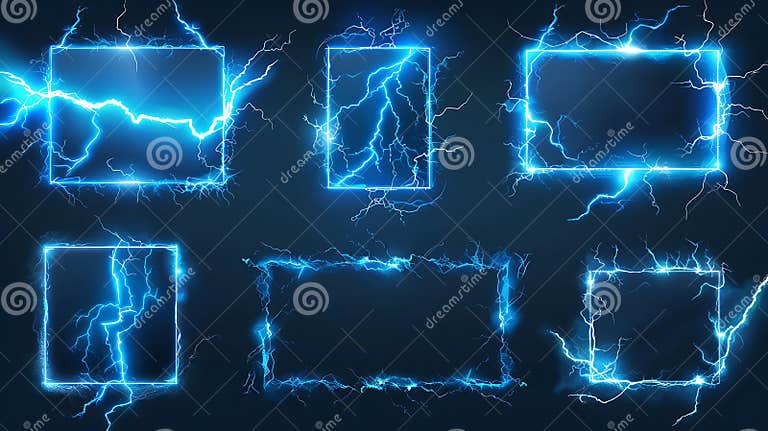 Blue Electric Borders of Rectangular and Square Shapes, Lightning ...