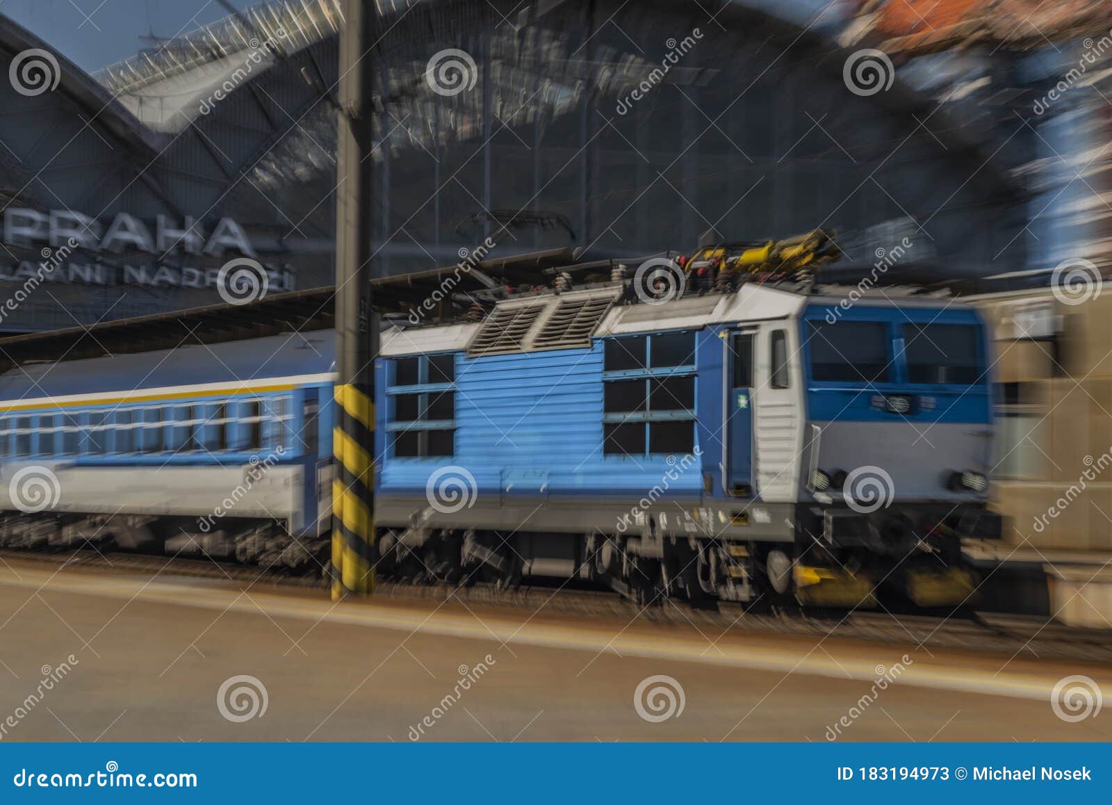 Blue Electric Fast Train in Station Prague in Spring Sunny Day Stock ...