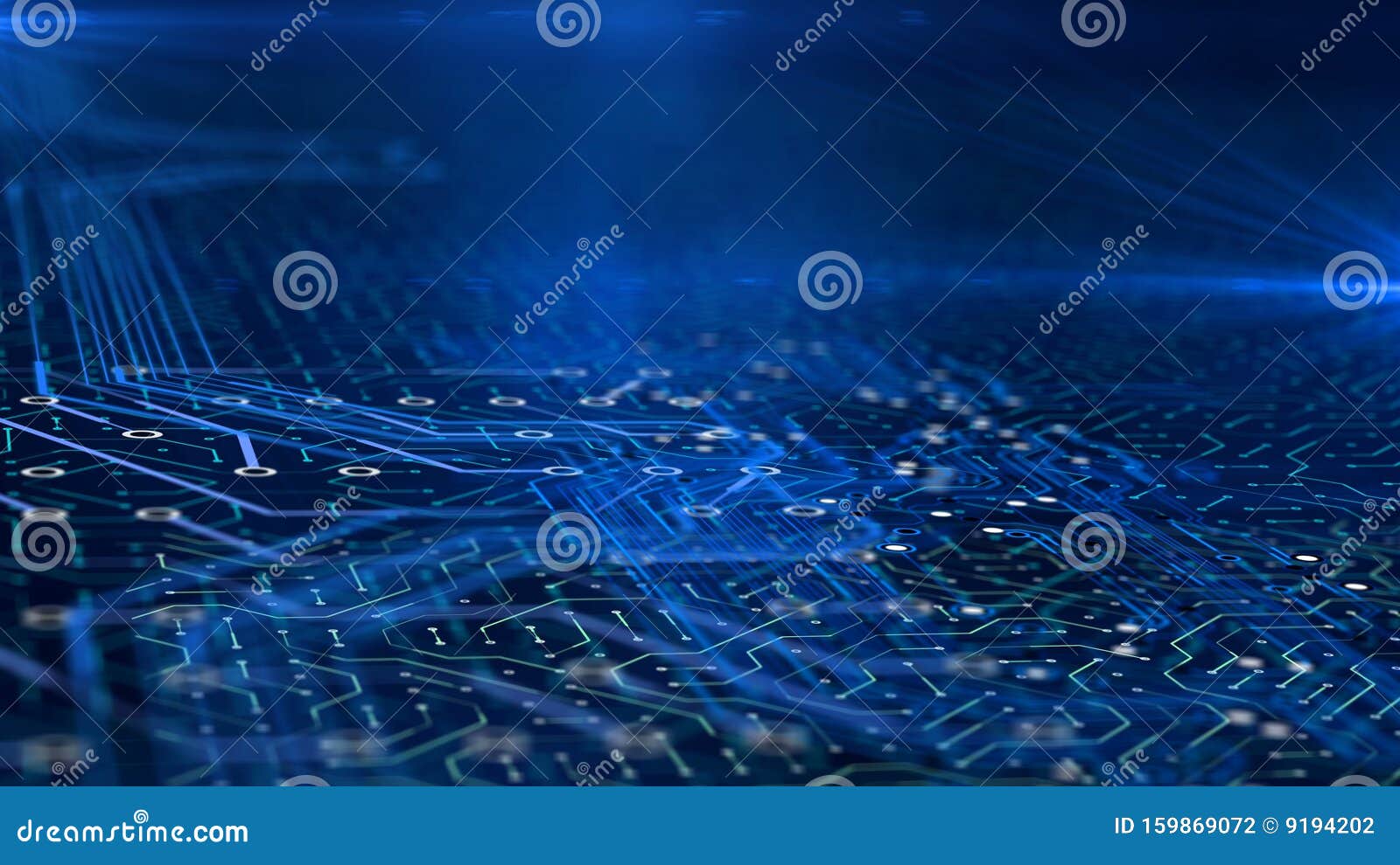 Blue Electric Microchip Board with Circuit Electrons Moving, Modern ...