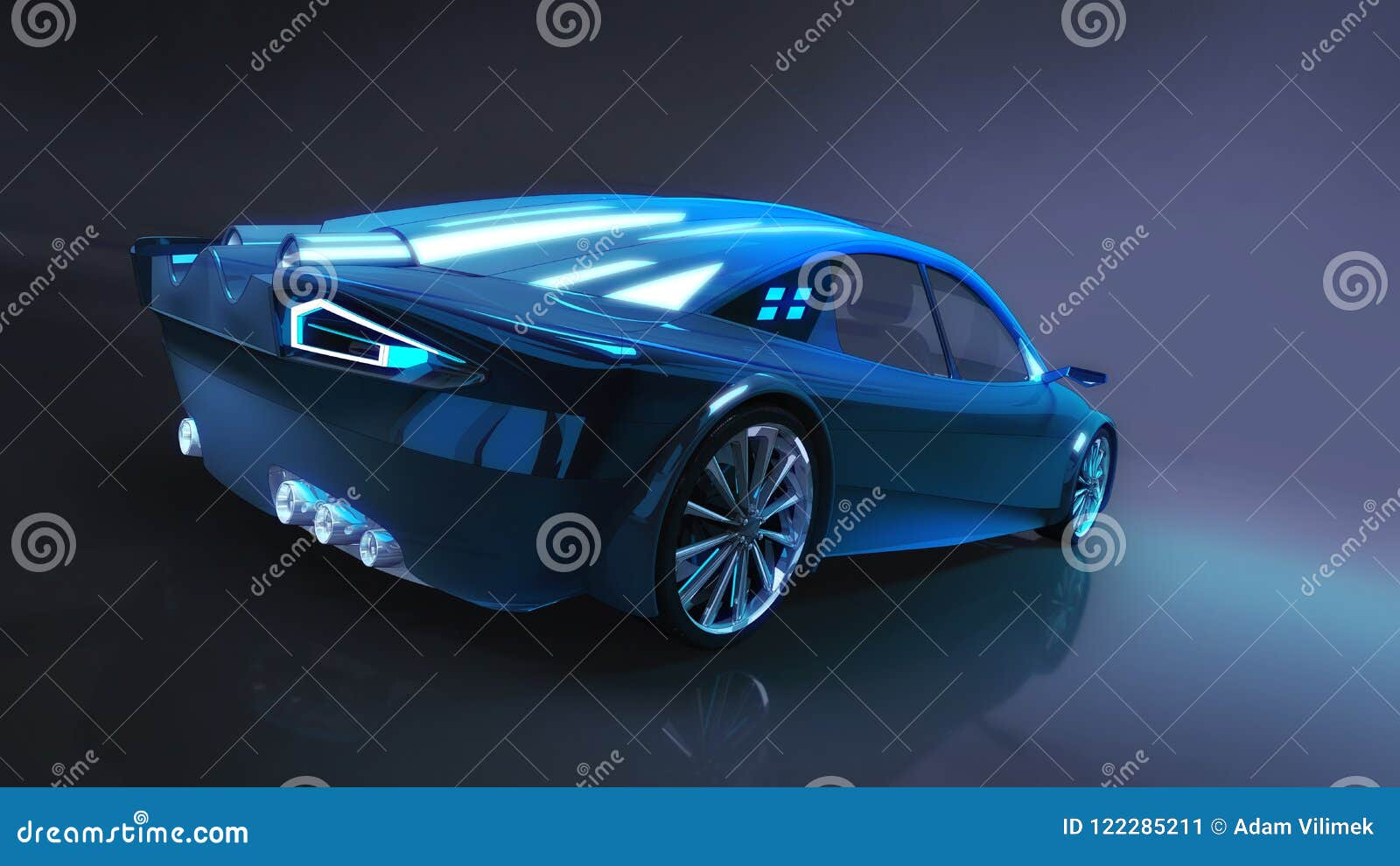 Blue Elegant Car in Dark Illuminated Studio Stock Illustration ...
