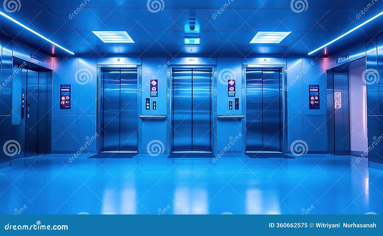 Blue Elevator Lobby, Modern Building, Three Elevators, Nighttime Stock ...