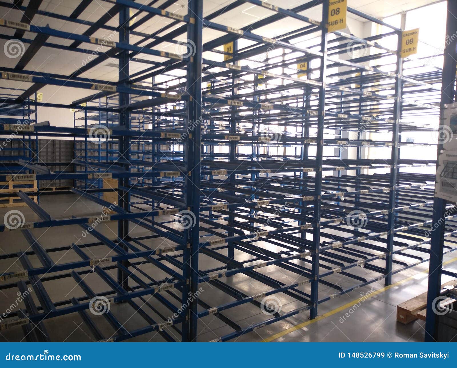 Blue Empty Racks in Warehouse in Production Area Stock Image - Image of ...