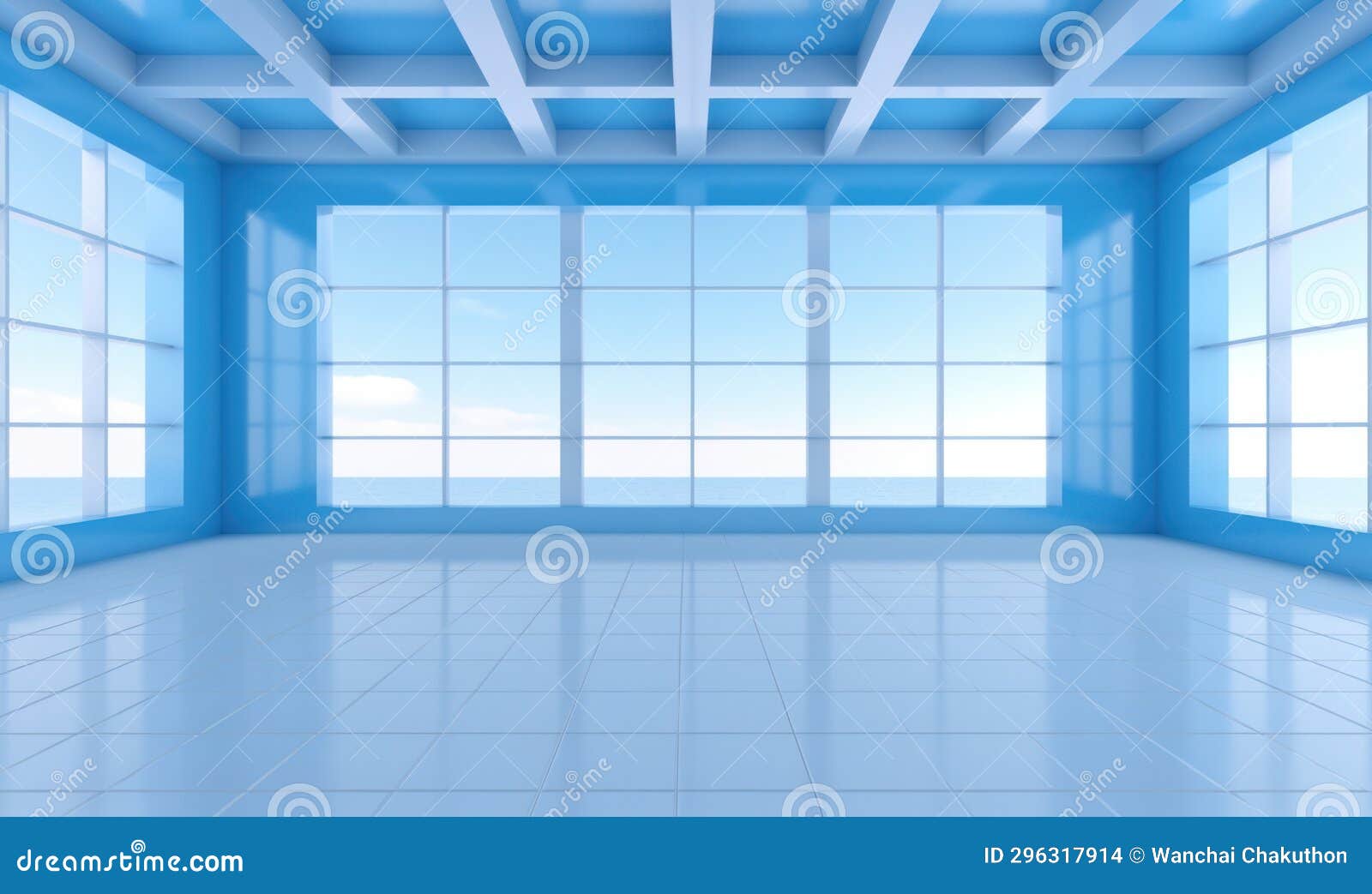Blue Empty Room with Windows and Tiled Floor. Stock Illustration ...