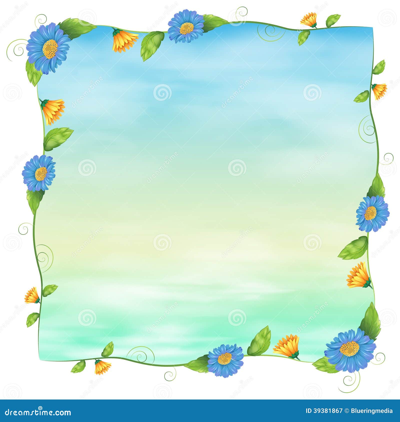 A Blue Empty Template with Flowers Stock Vector - Illustration of ...