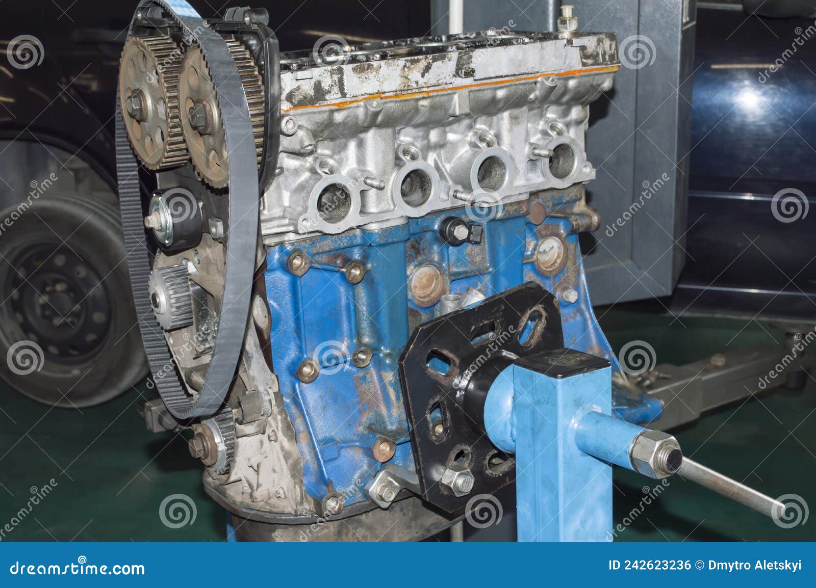 The Blue Engine Block Installed on the Engine Repair Stand Stock Photo ...