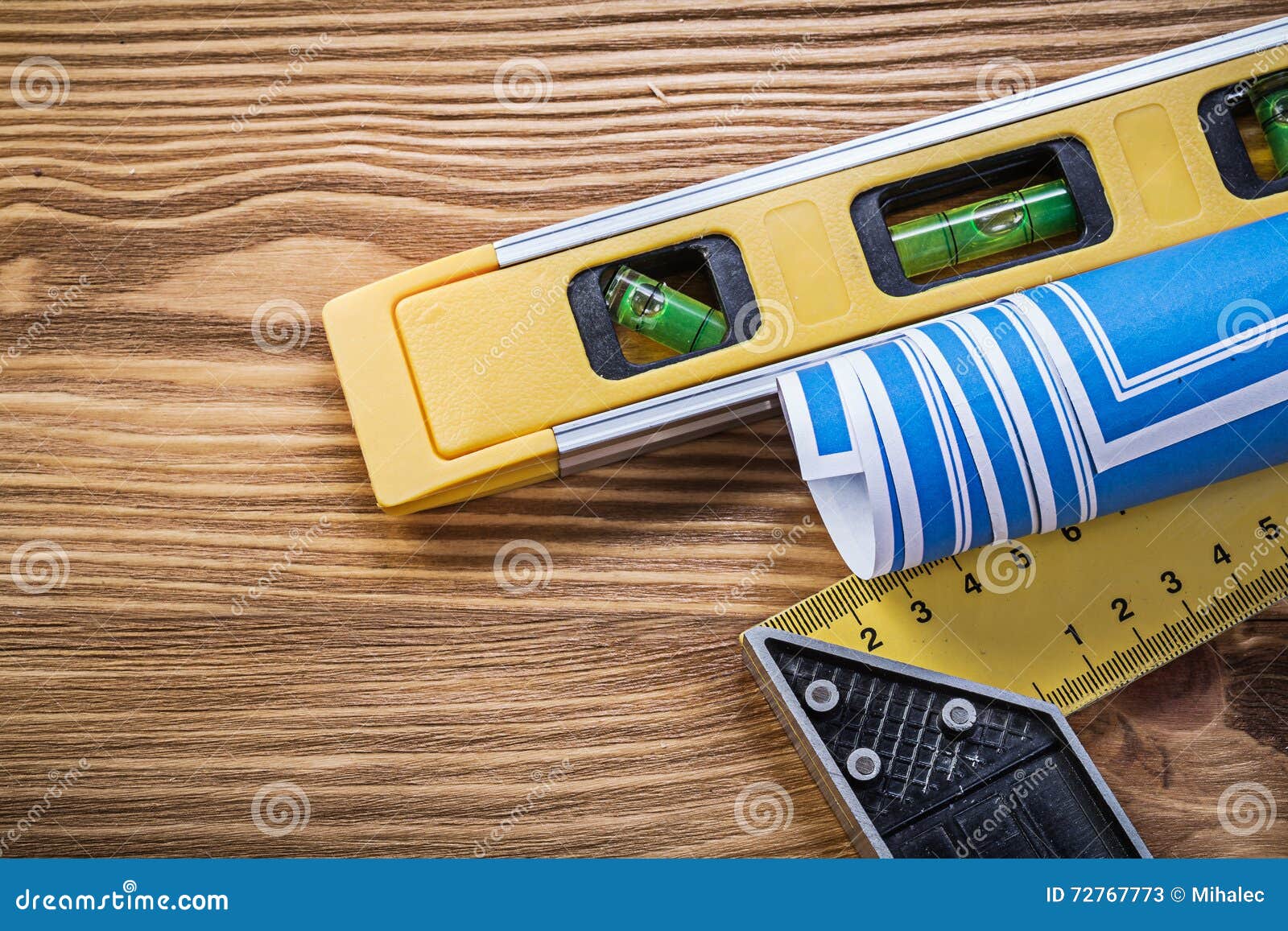 Blue Engineering Drawing Square Ruler Construction Level on Wood Stock ...