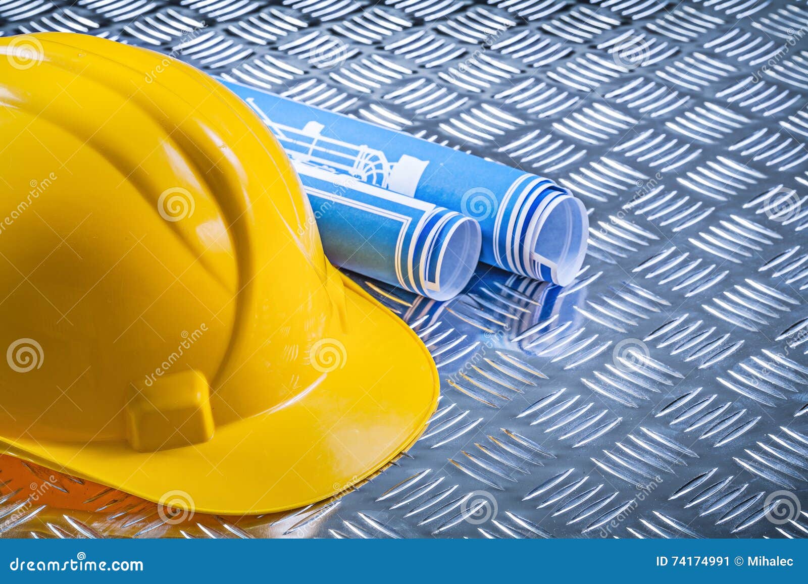 Blue Engineering Drawings Hard Hat on Corrugated Metal Backgroun Stock ...