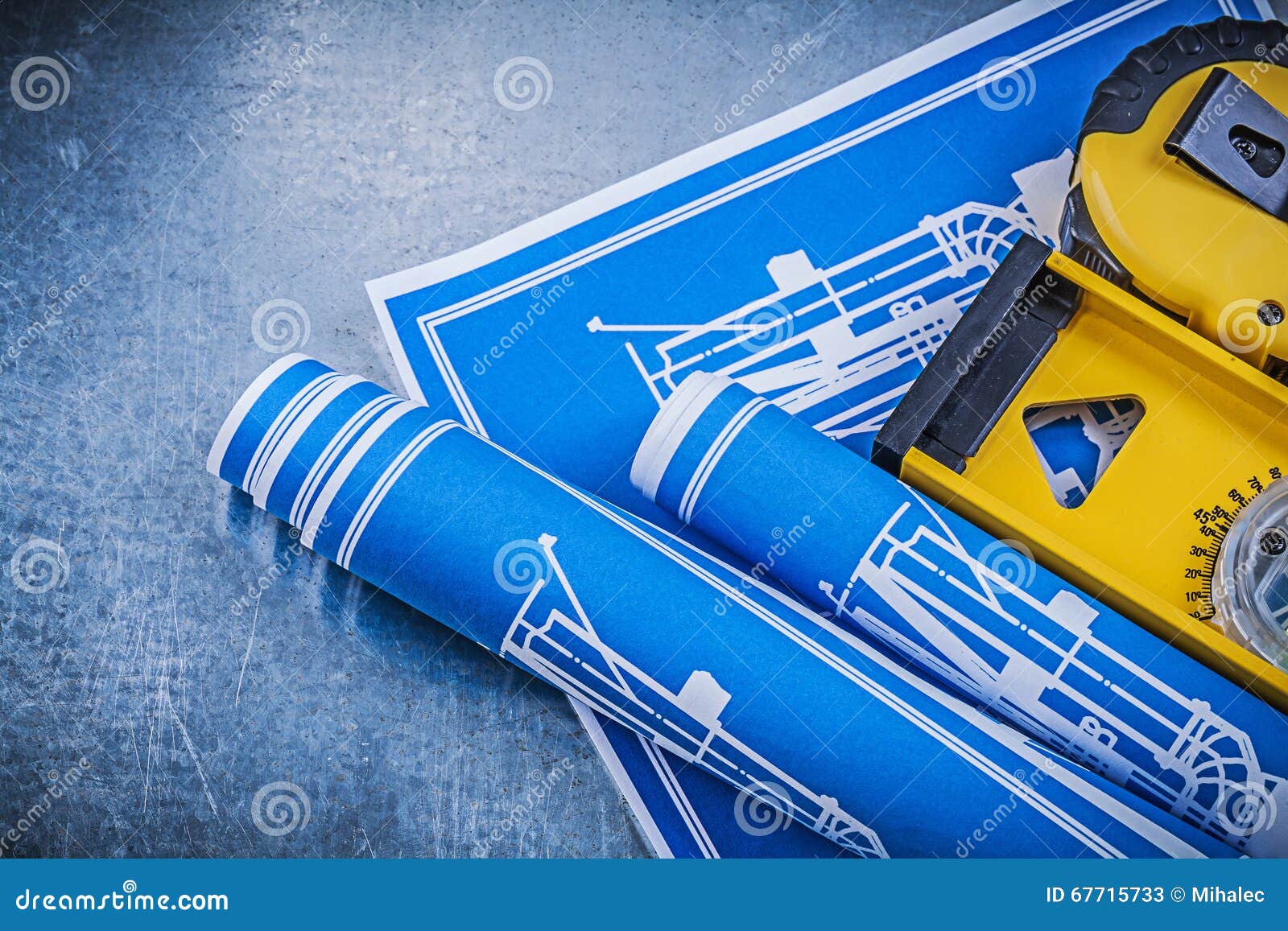 Blue Engineering Drawings Level Tape Line on Metallic Background Stock ...