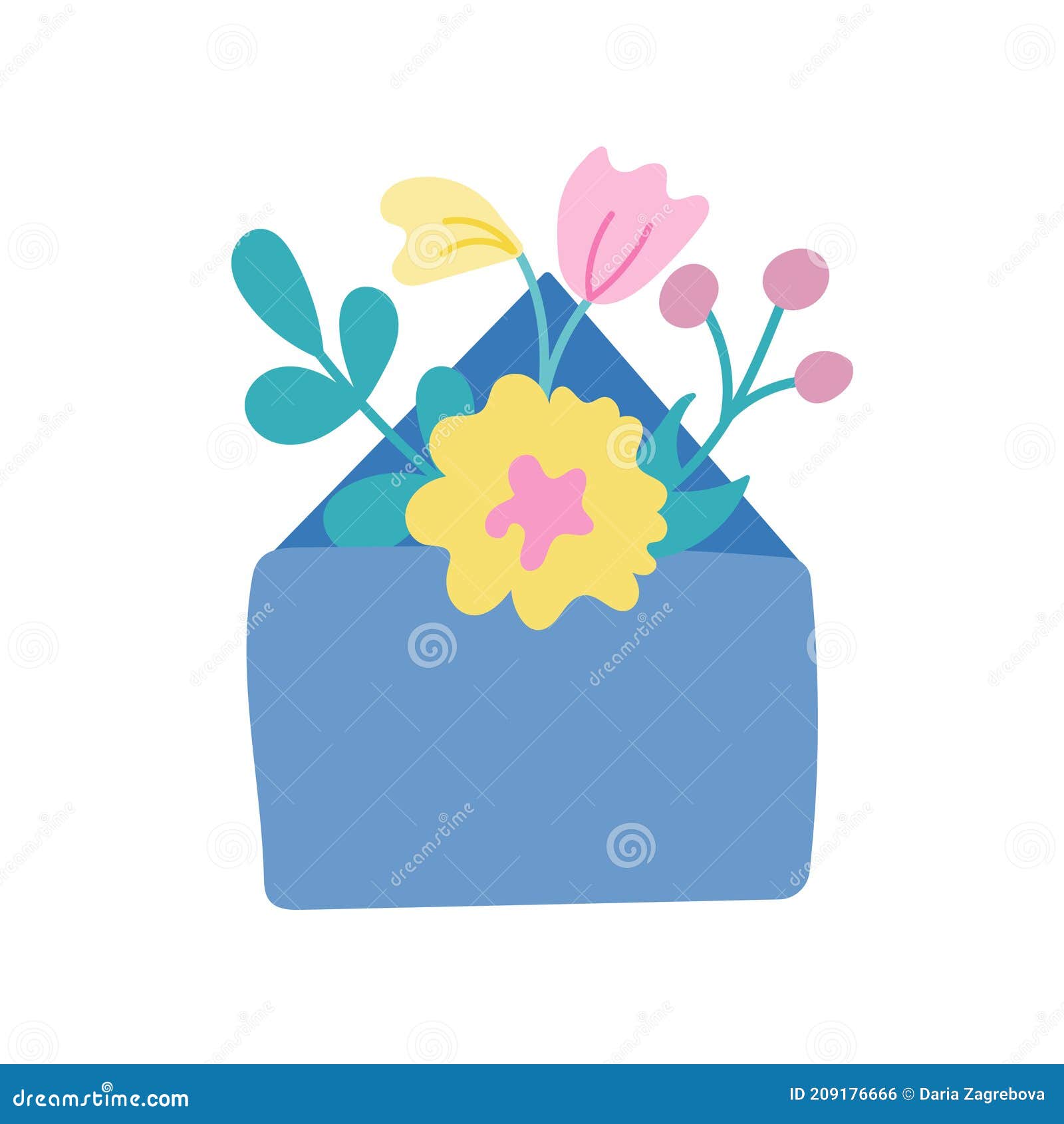 Blue Envelope with Flowers and Plants on a White Background. Vector ...