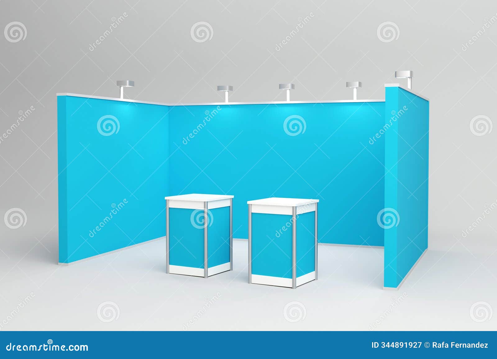 Blue Exhibition Booth with Two Display Counters and Spotlights Stock ...