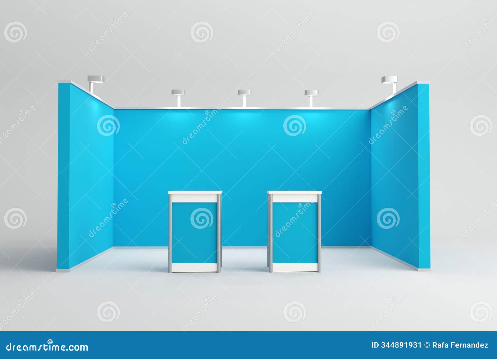 Blue Exhibition Booth with Two Display Counters and Spotlights Stock ...