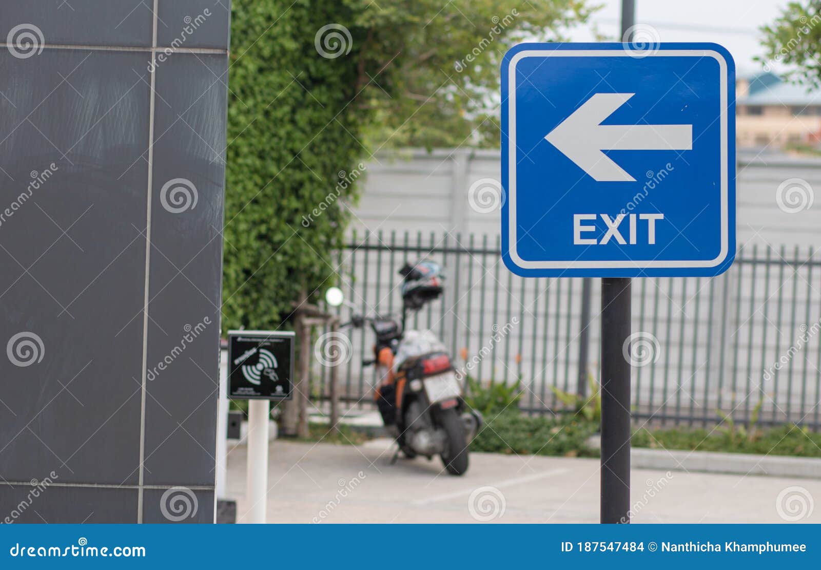 Blue Exit Sign, Metal Exit Sign, Parking Exit in Condo. Symbol. Copy ...