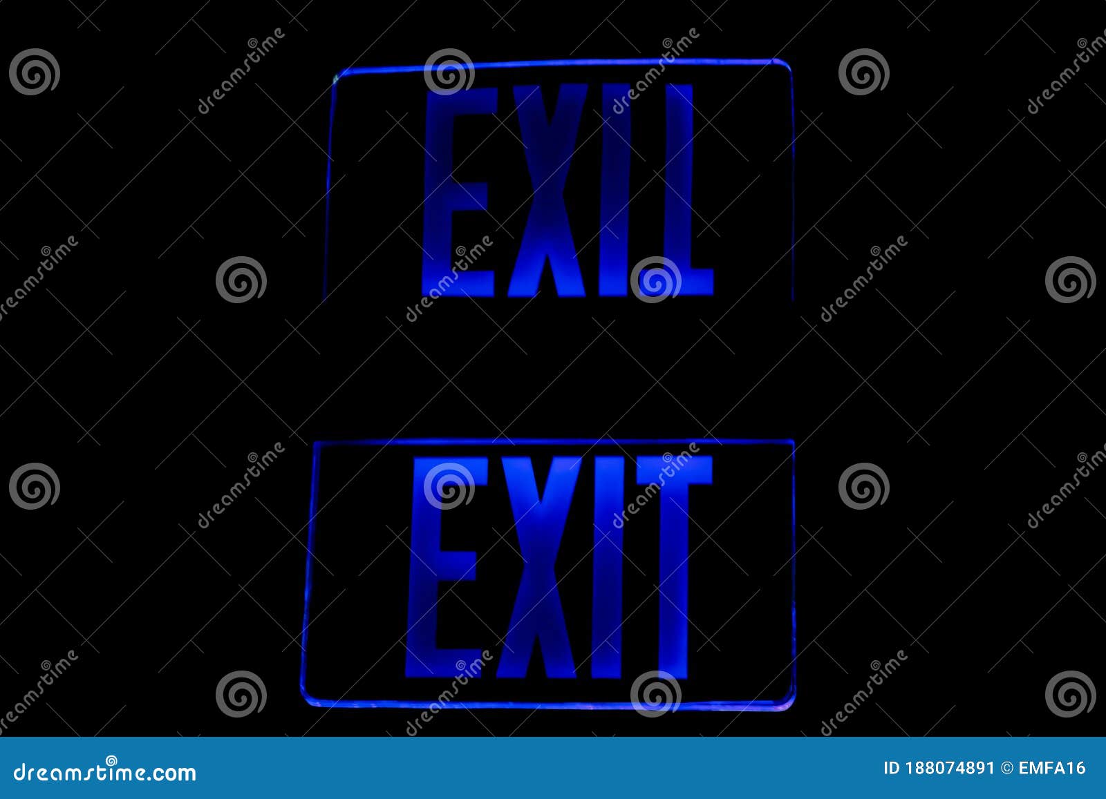 Blue Exit Sign Reflection on Black Stock Image - Image of indigo, text ...