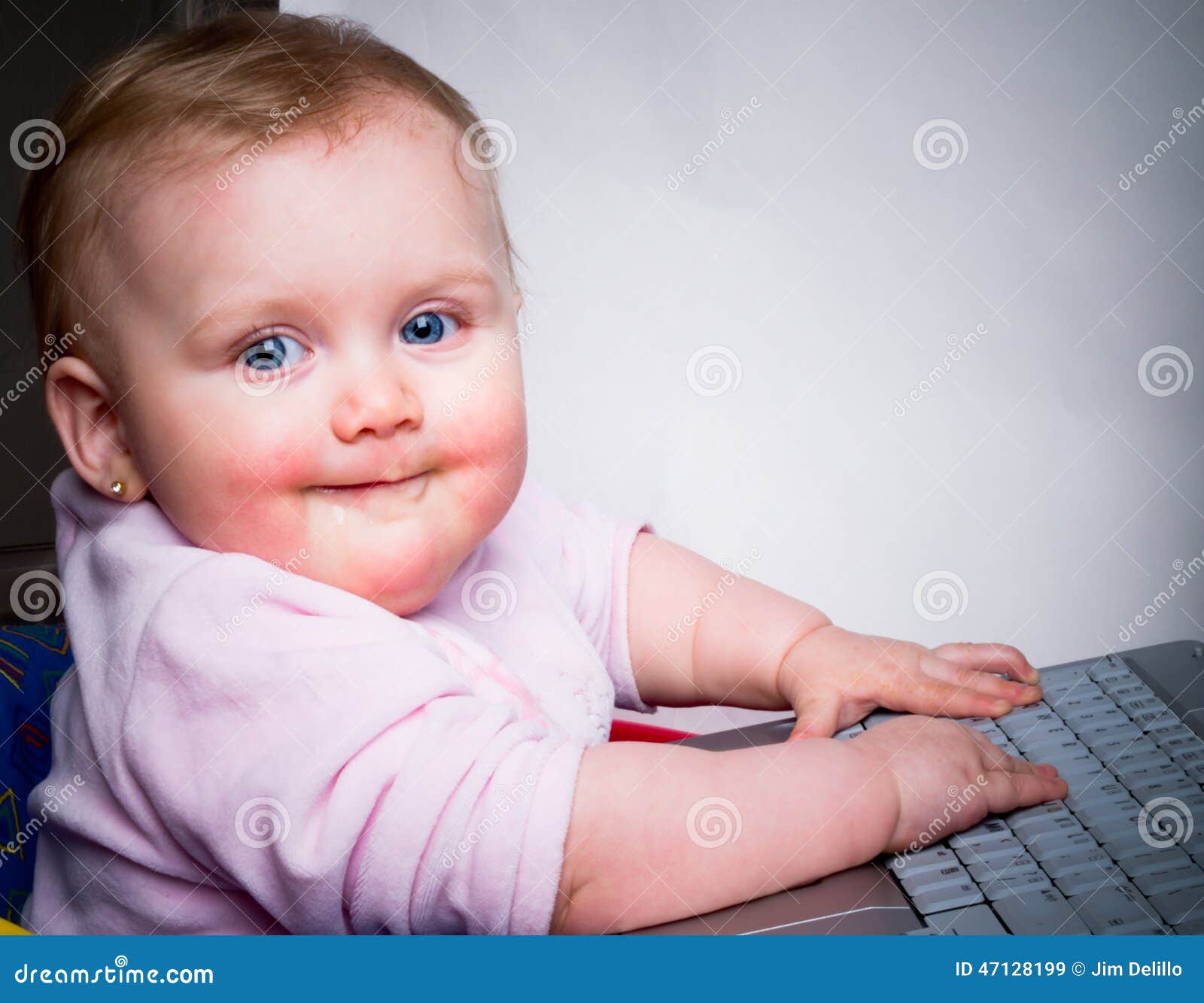Blue-eyed Baby at Computer Screen Stock Image - Image of mouth, infant ...