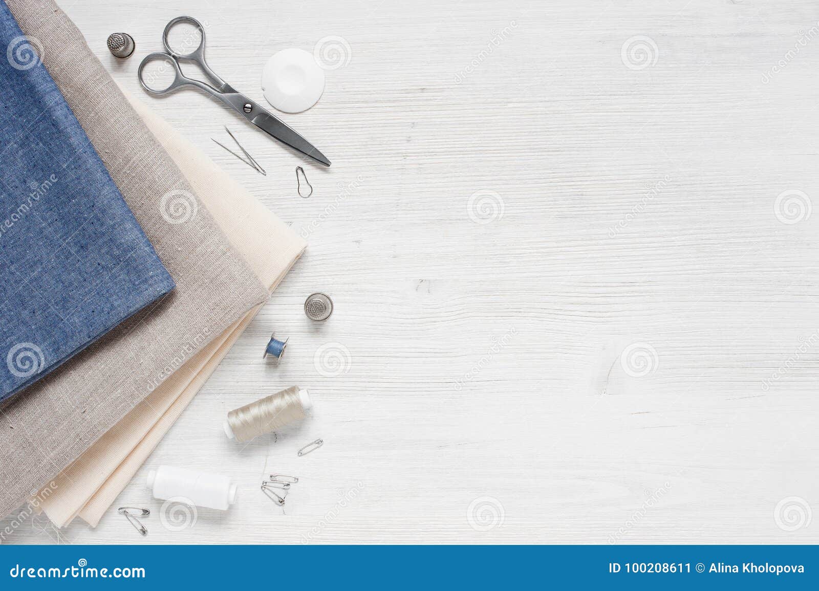 Blue Fabric and Sewing Tools Stock Image - Image of pattern, flat ...
