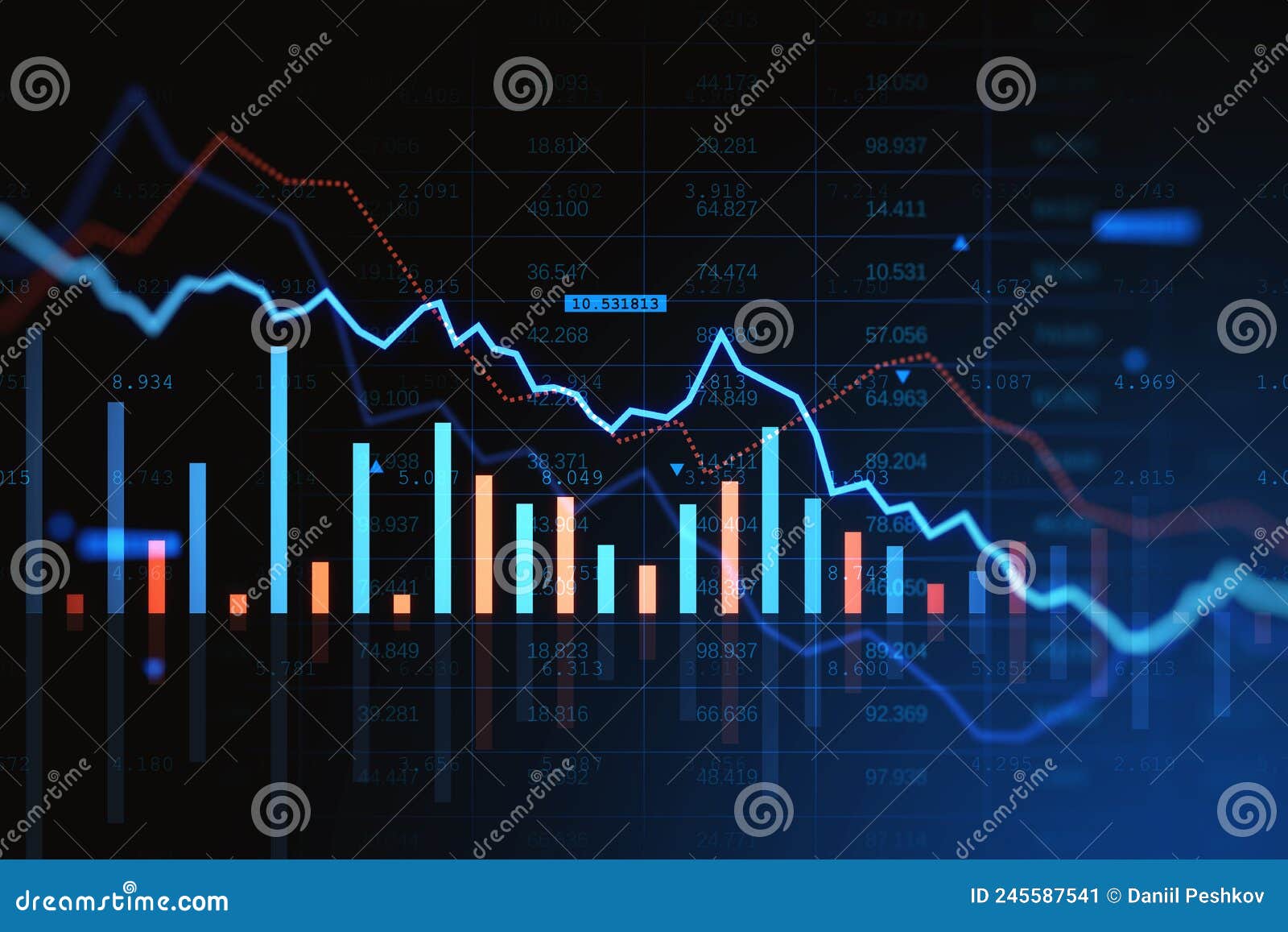 Blue Falling Downword Forex Chart on Backdrop. Crisis, Stock and Loss ...
