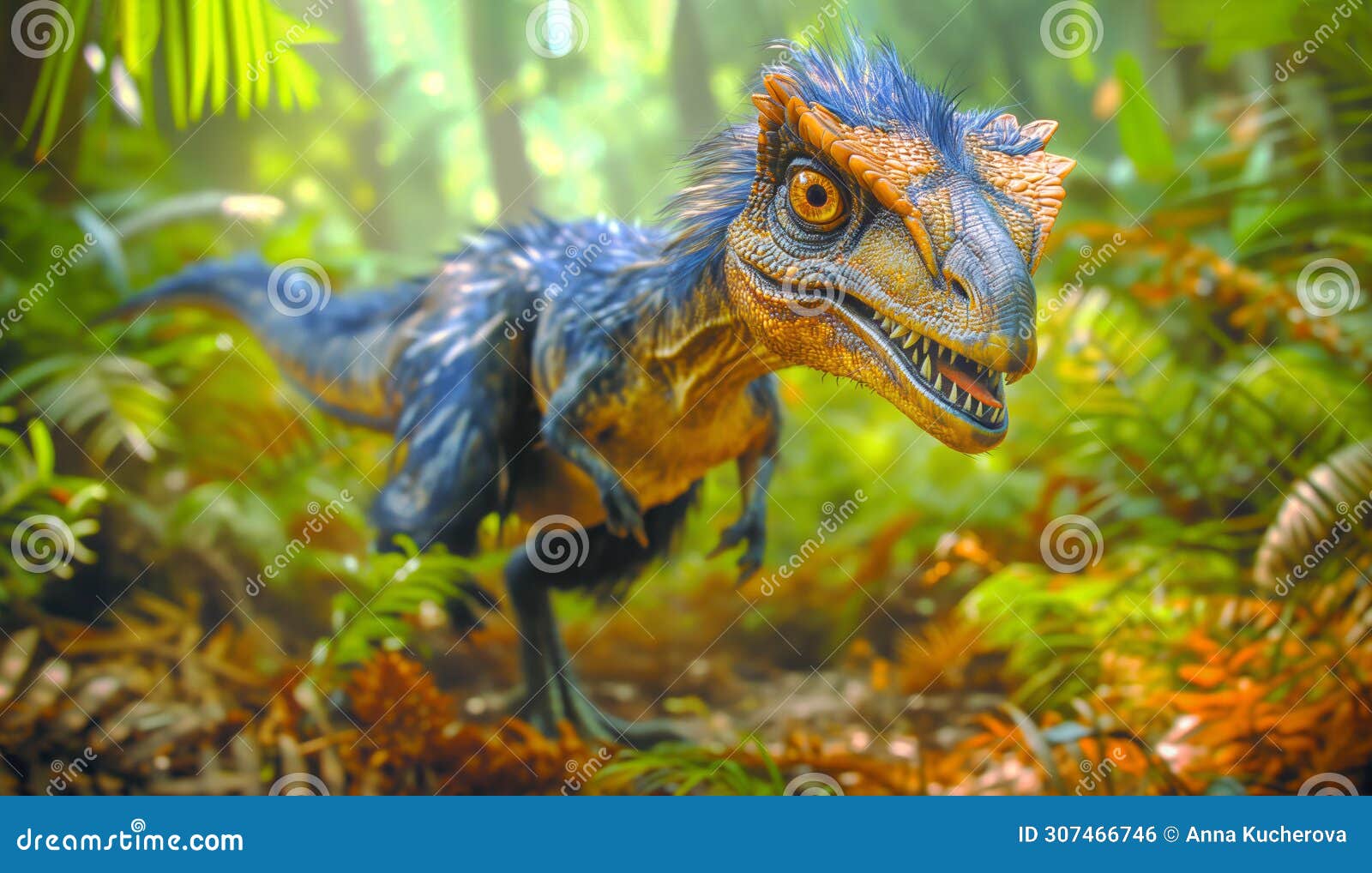 Blue Feathered Dinosaur in Prehistoric Jungle Stock Illustration ...