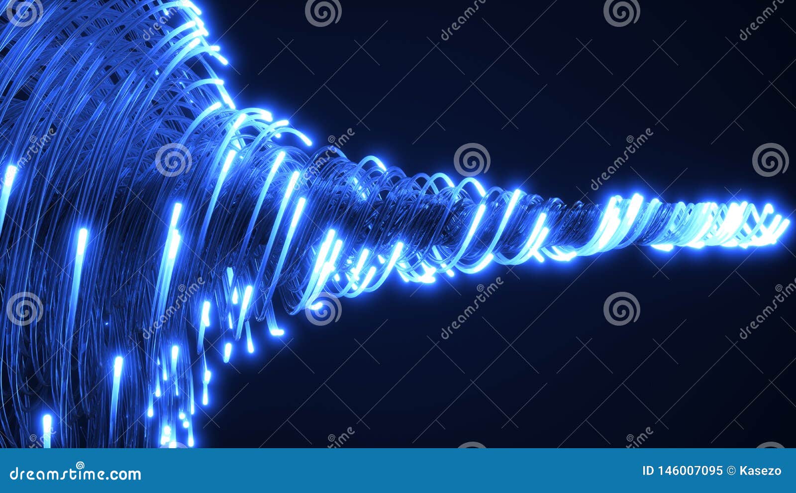 Blue Fiber Optic Cables Vortex. Glass Strings Glowing in Dark. 3d ...