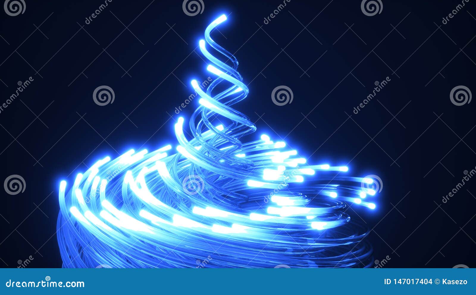 Blue Fiber Optic Cables Vortex. Glass Strings Glowing in Dark. 3d ...