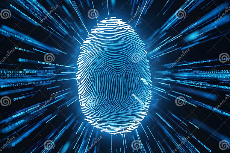 Blue Fingerprint with Binary Code Network, Dark Background Emphasizing Blue Hues. Stock ...