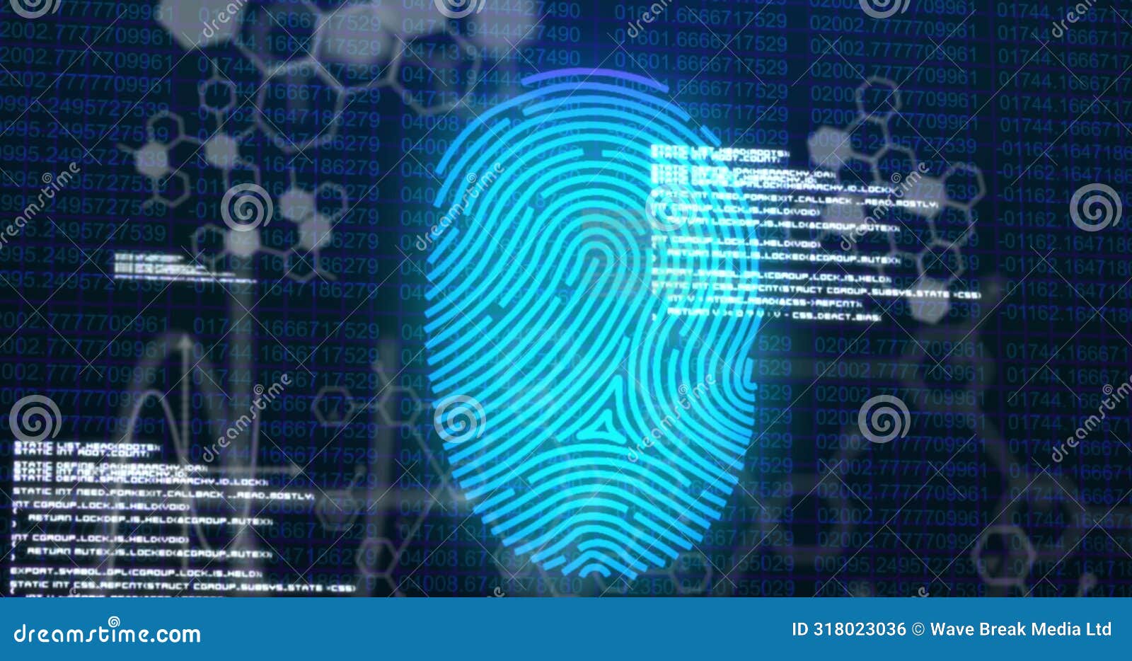 A Blue Fingerprint Overlaying Digital Data, Symbolizing Cybersecurity Stock Illustration ...