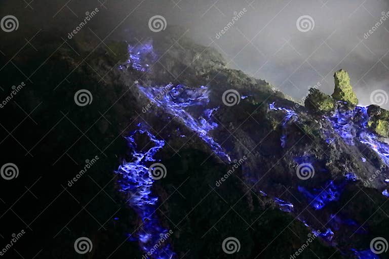 The Blue Fire Along the Sulfur Path in Ijen Volcano, Java, Indonesia ...