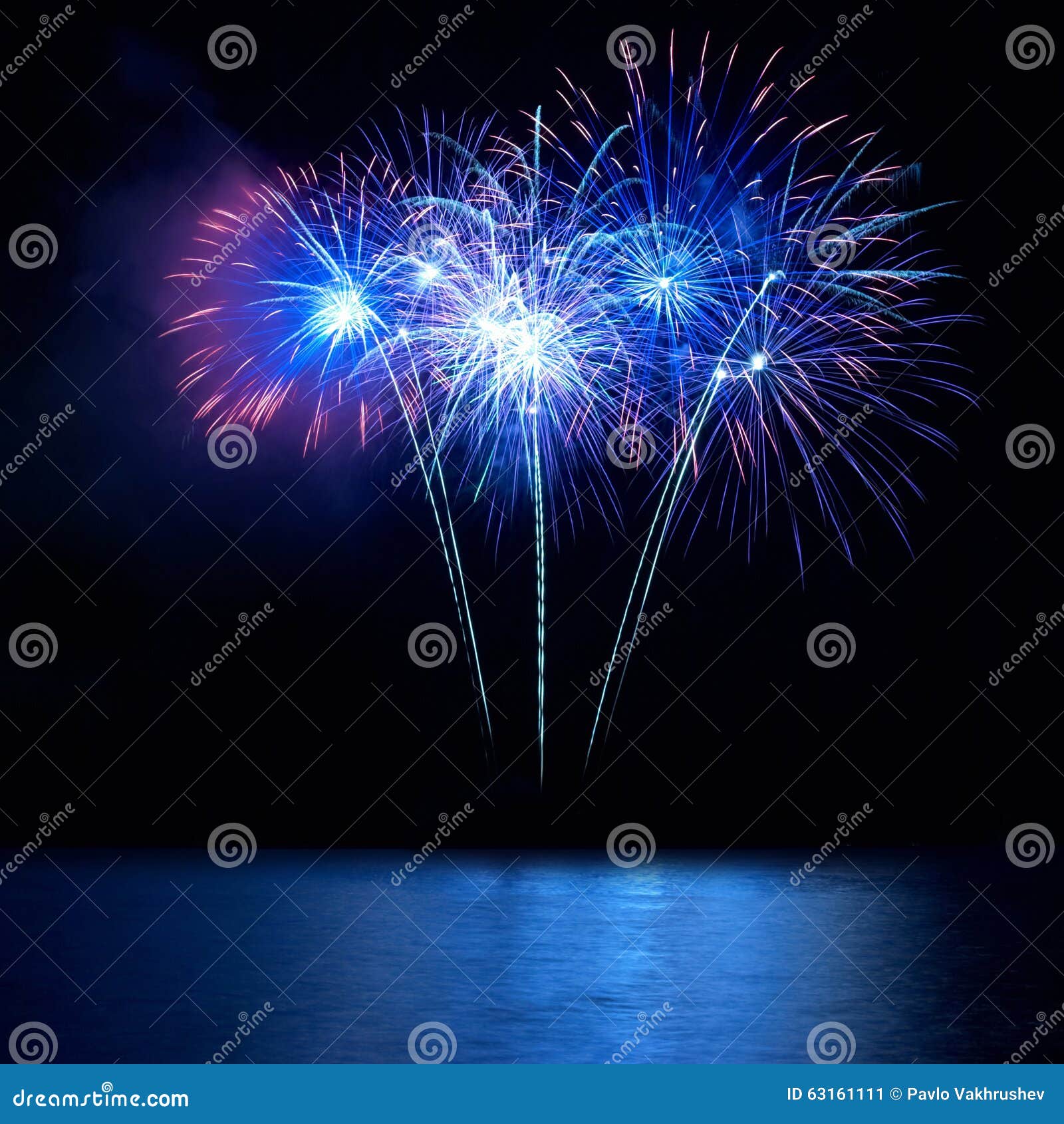 Blue fireworks above water stock image. Image of abstract - 63161111
