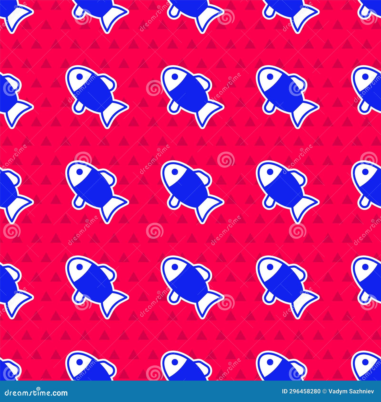 Blue Fish Icon Isolated Seamless Pattern on Red Background. Vector ...