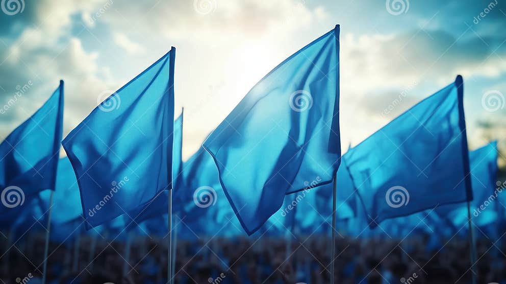 Blue Flags Waving in Air at Epic Massive and Powerful Event Stock ...